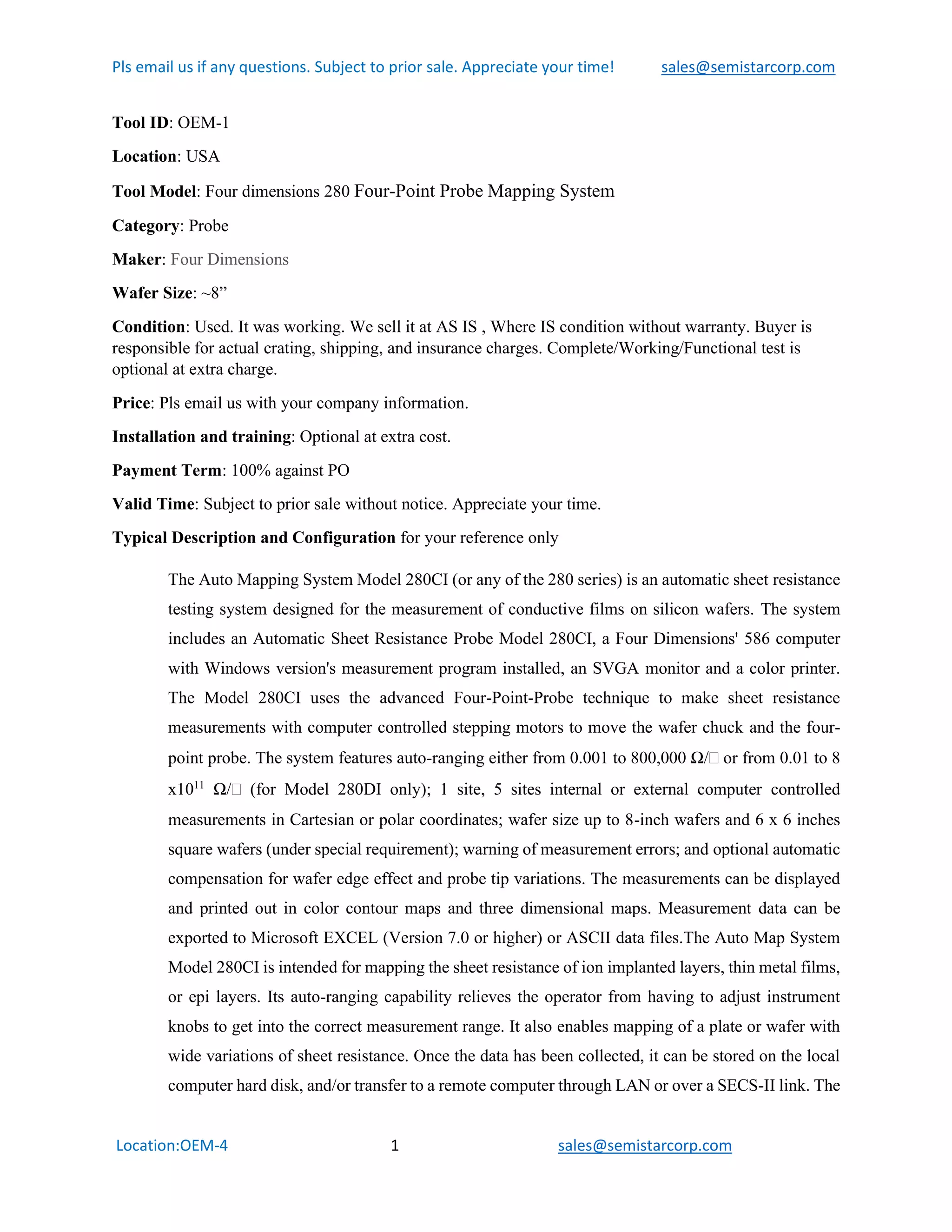 Four dimensions 280 Four-Point Probe Mapping System | PDF