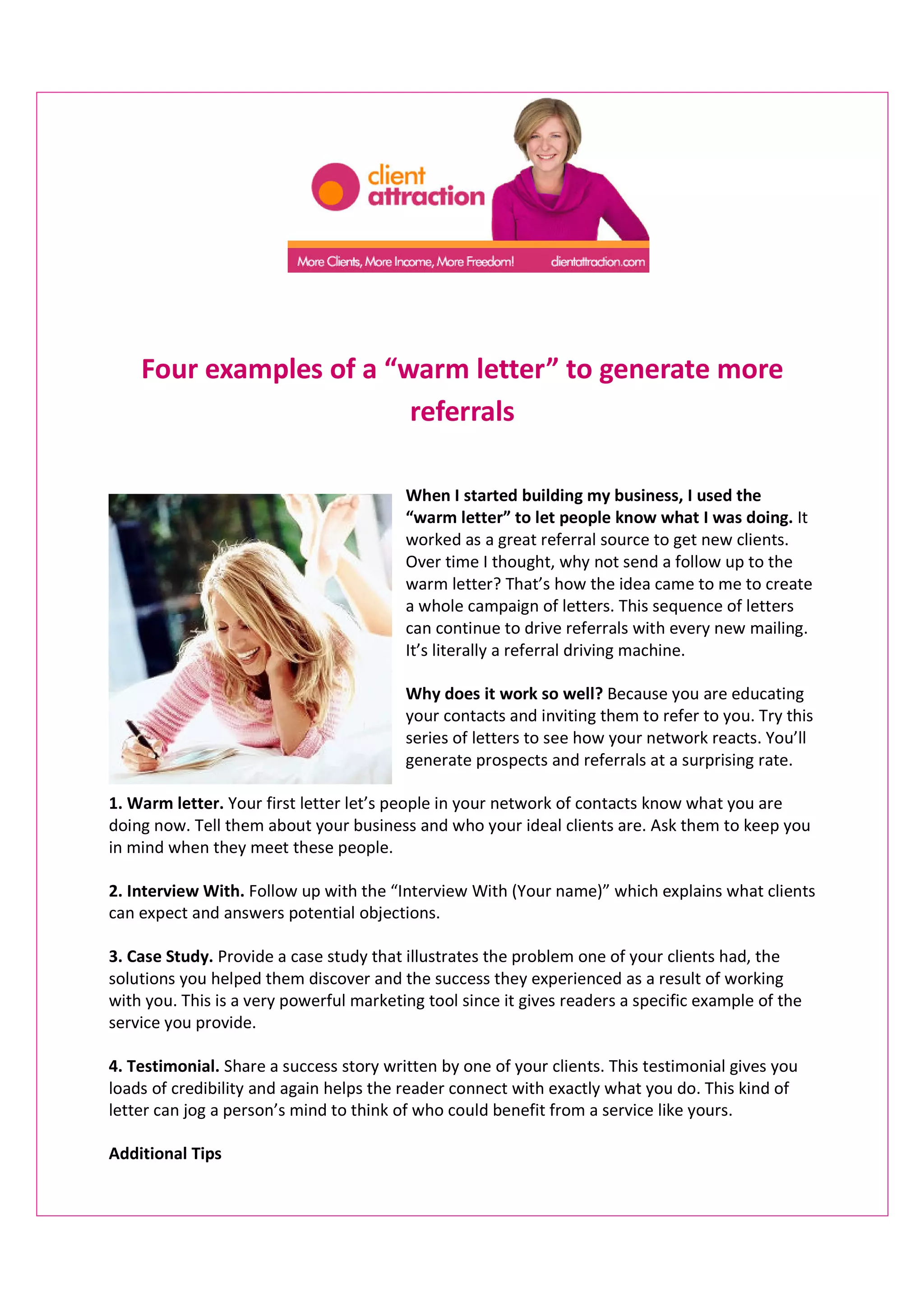 Four examples of a “warm letter” to generate more referrals | PDF