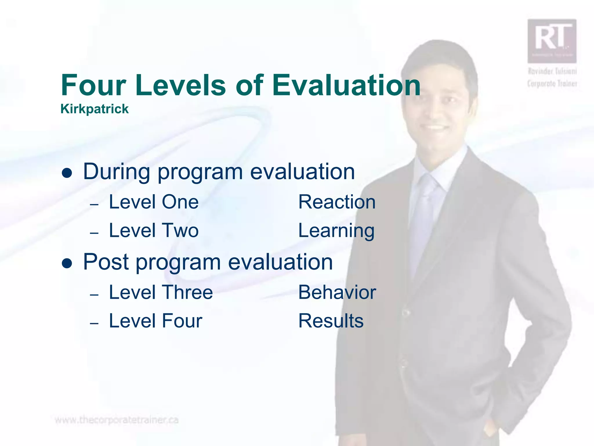 Four Levels Of Evaluation (Kirkpatrick Model) By Ravinder Tulsiani | PPTX