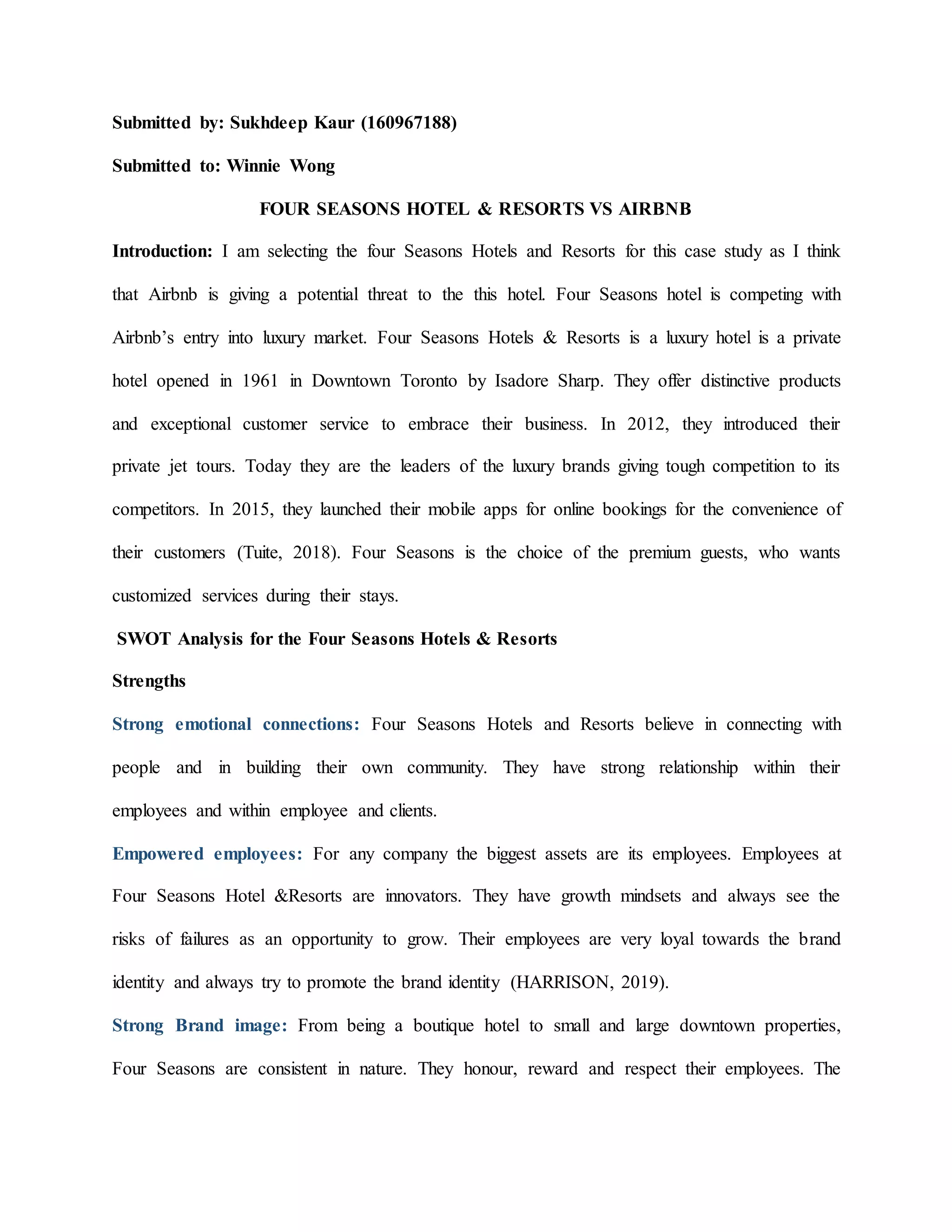 Four seasons vs airbnb SWOT Analysis | DOCX