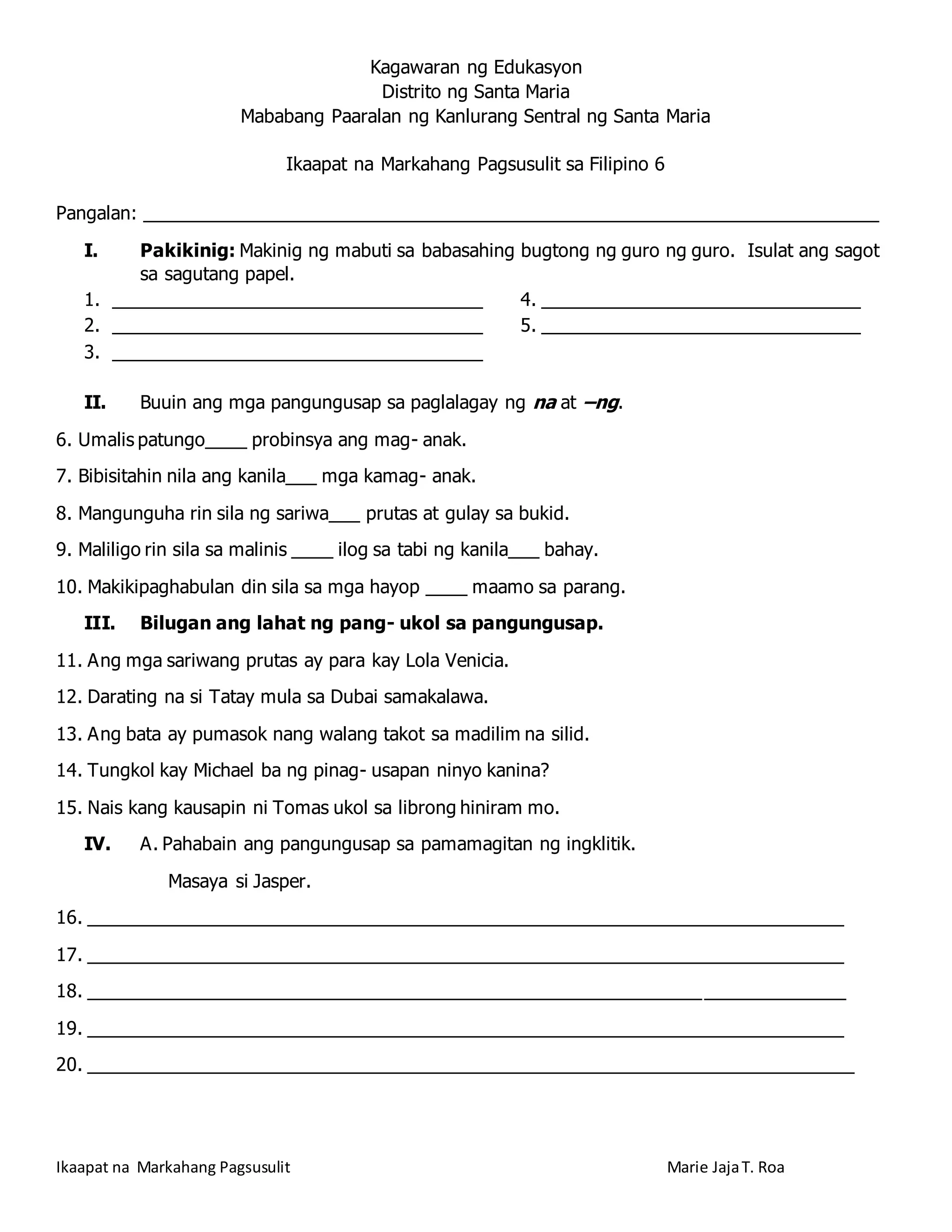 Ikaapat na Markahang Pagsusulit sa Filipino VI | DOCX