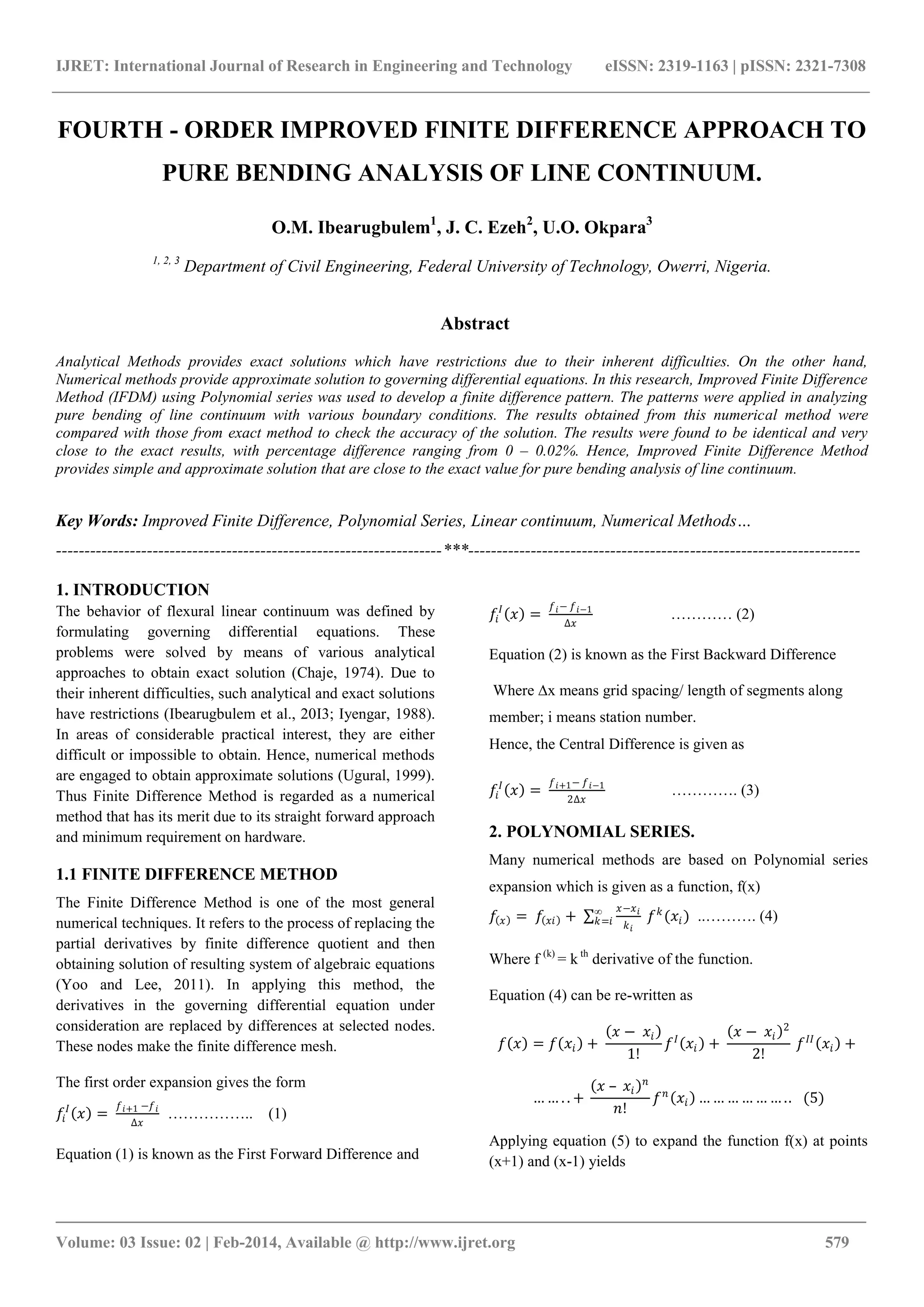 Fourth Order Improved Finite Difference Approach To Pure Bending Analysis Of Line Continuum Pdf