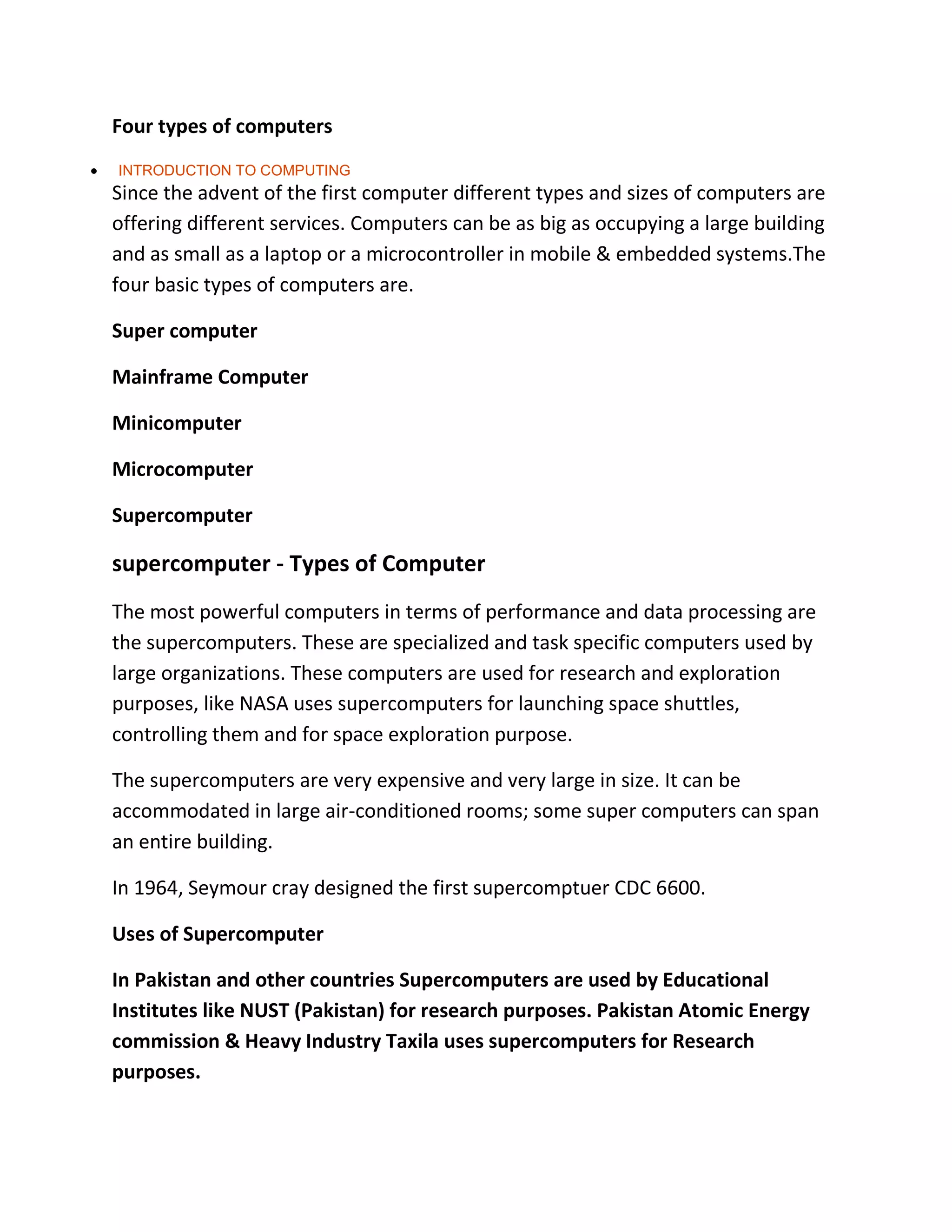 Four types of computers | DOCX