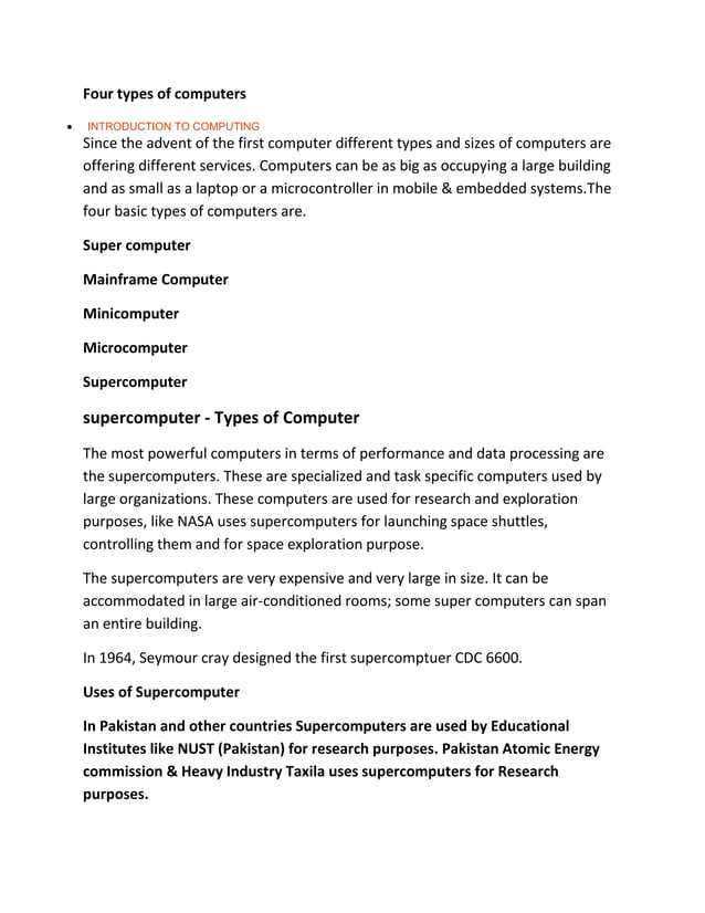 Four types of computers | DOCX | Computing | Technology & Computing