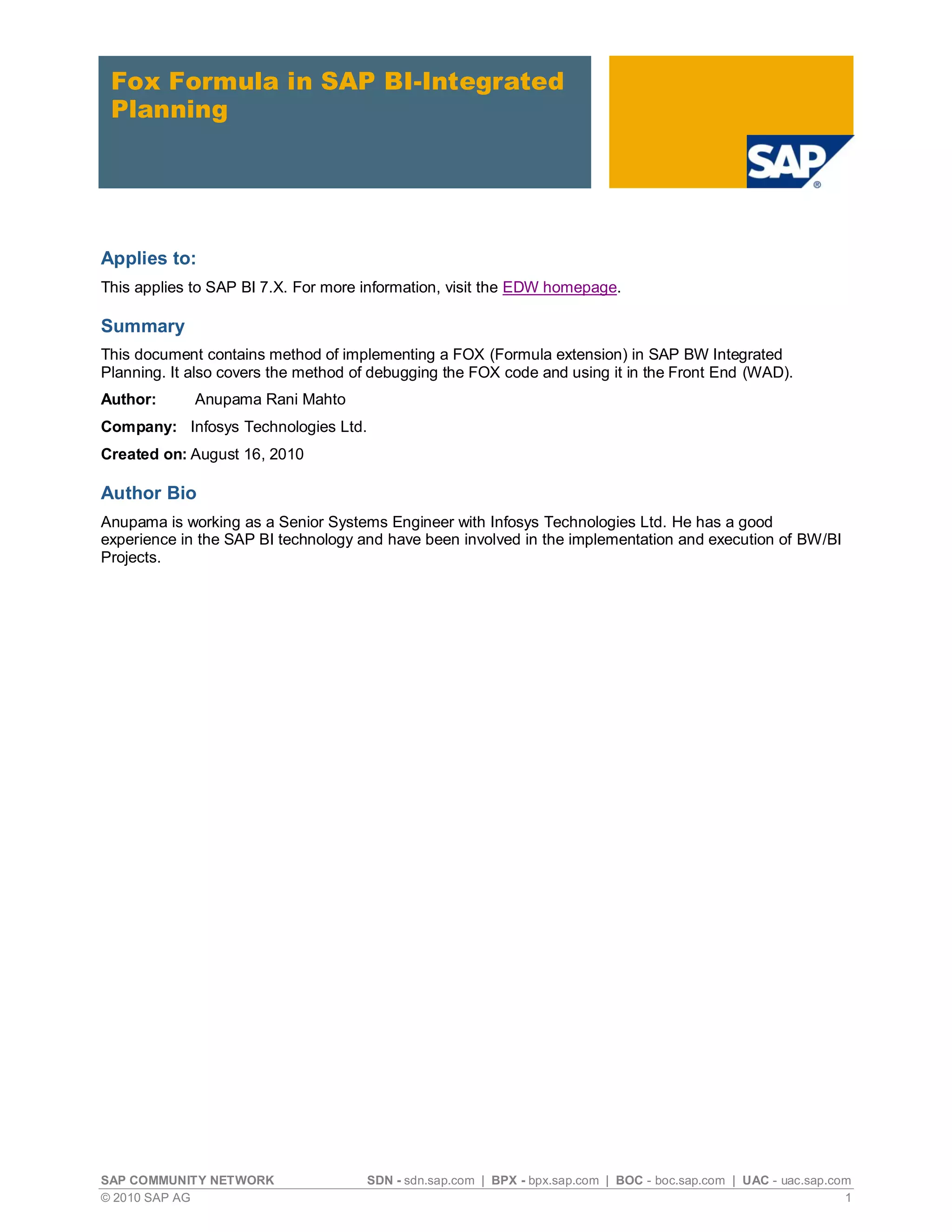Fox formula in sap bi integrated planning | PDF