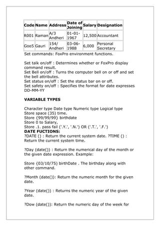 NOTES ON "FOXPRO" | DOC