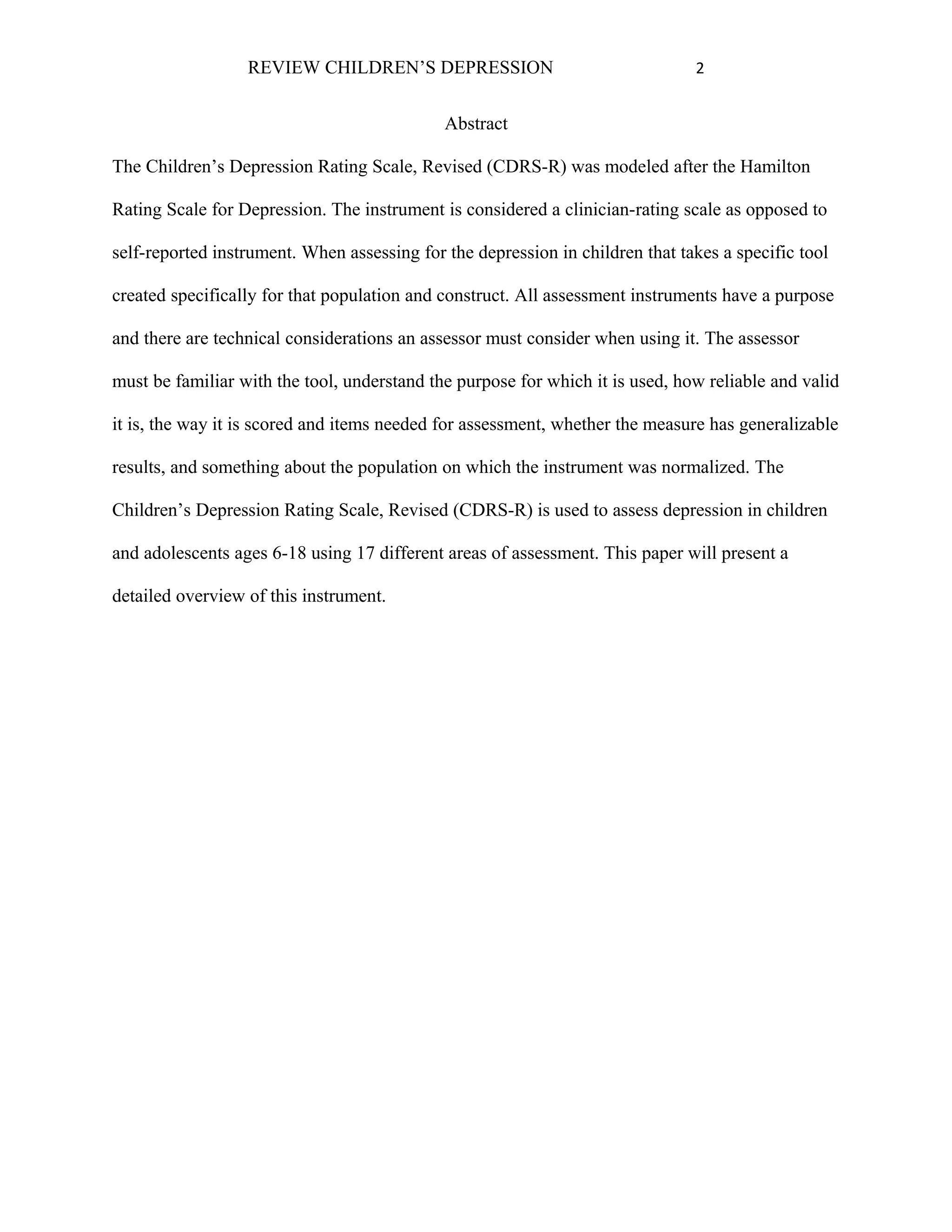 A Test Review: Children’s Depression Rating Scale, Revised (CDRS-R) | DOC