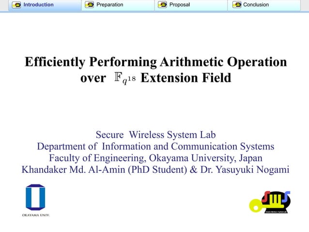 Efficiently Performing Arithmetic Operation over Fq18 Extension Field | PPT
