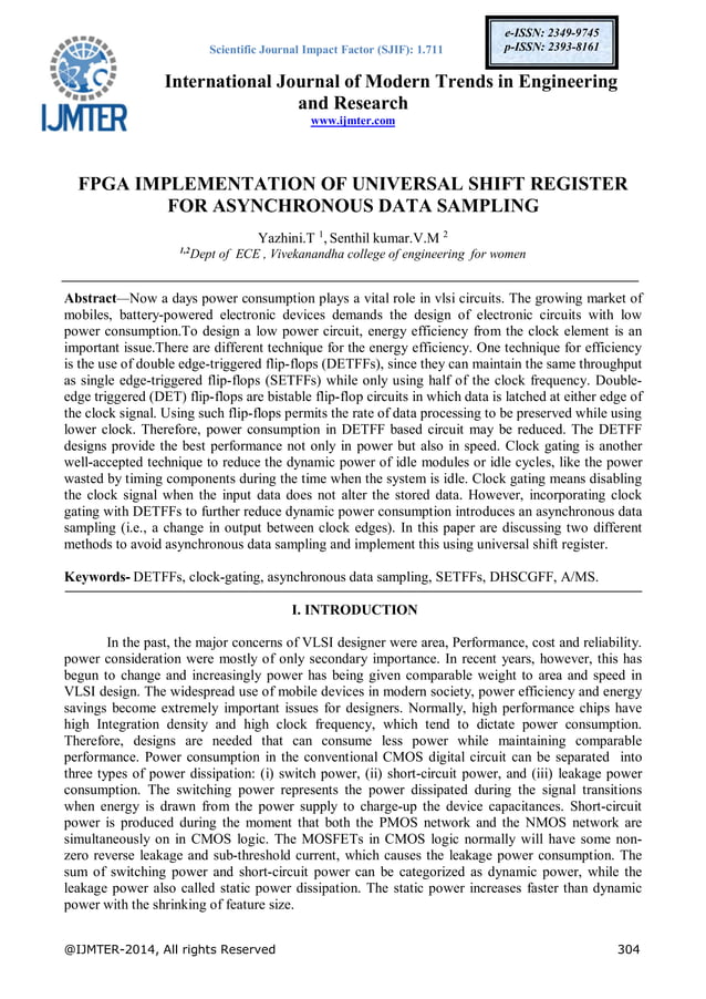 FPGA IMPLEMENTATION OF UNIVERSAL SHIFT REGISTER FOR ASYNCHRONOUS DATA ...