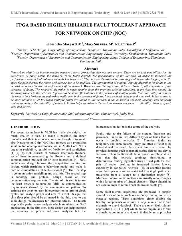 Fpga Based Highly Reliable Fault Tolerant Approach For Network On Chip Noc Pdf