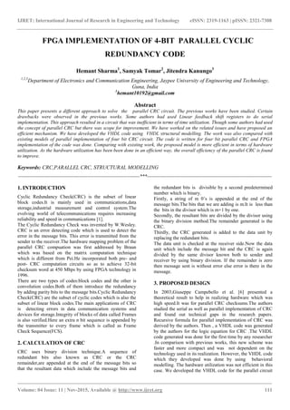 Fpga implementation of 4 bit parallel cyclic redundancy code | PDF