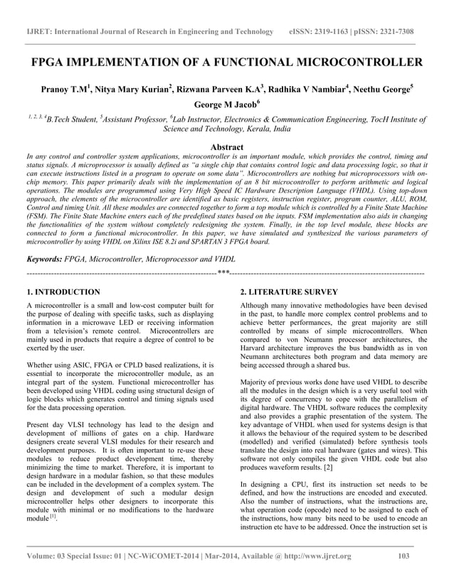 Fpga Implementation Of A Functional Microcontroller Pdf