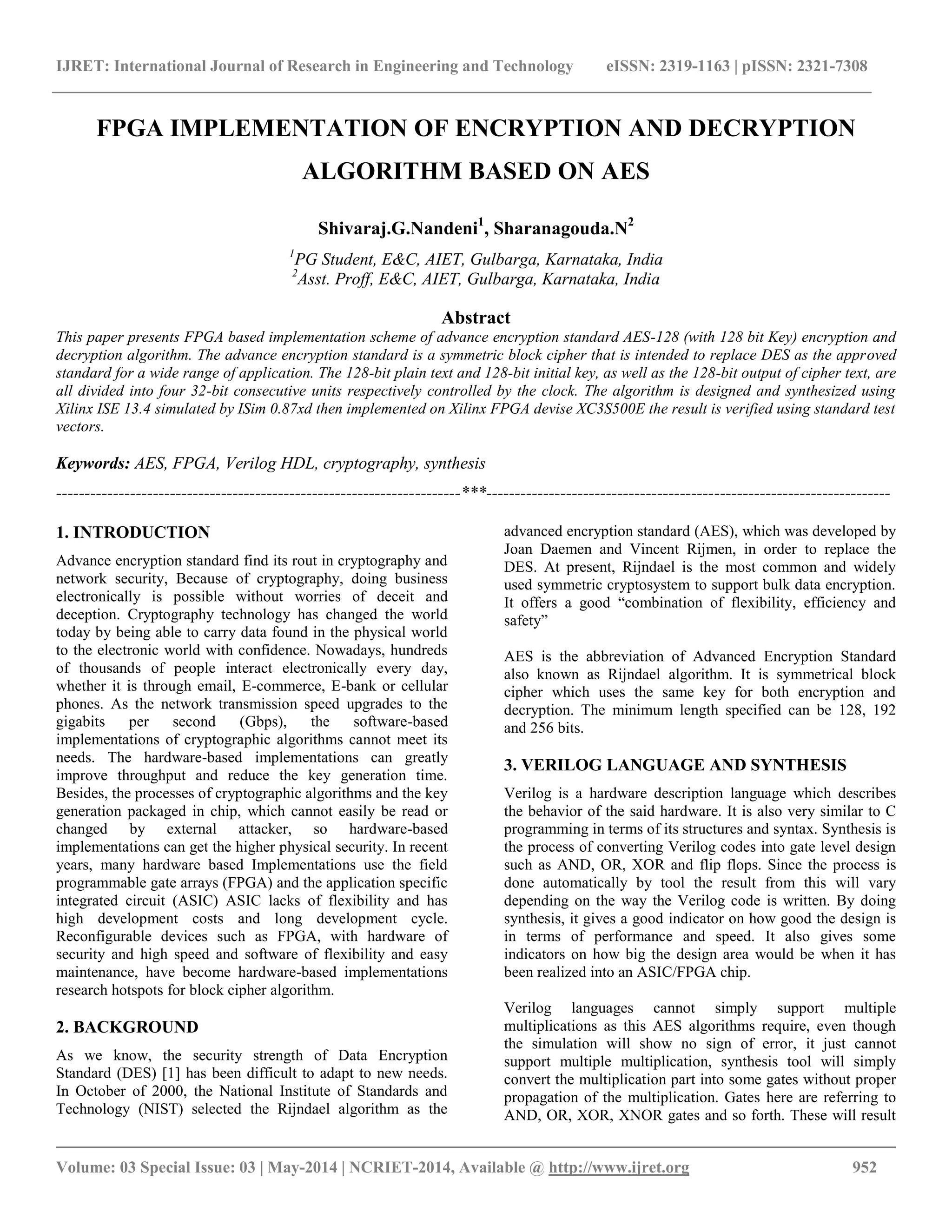 Fpga Implementation Of Encryption And Decryption Algorithm Based On Aes