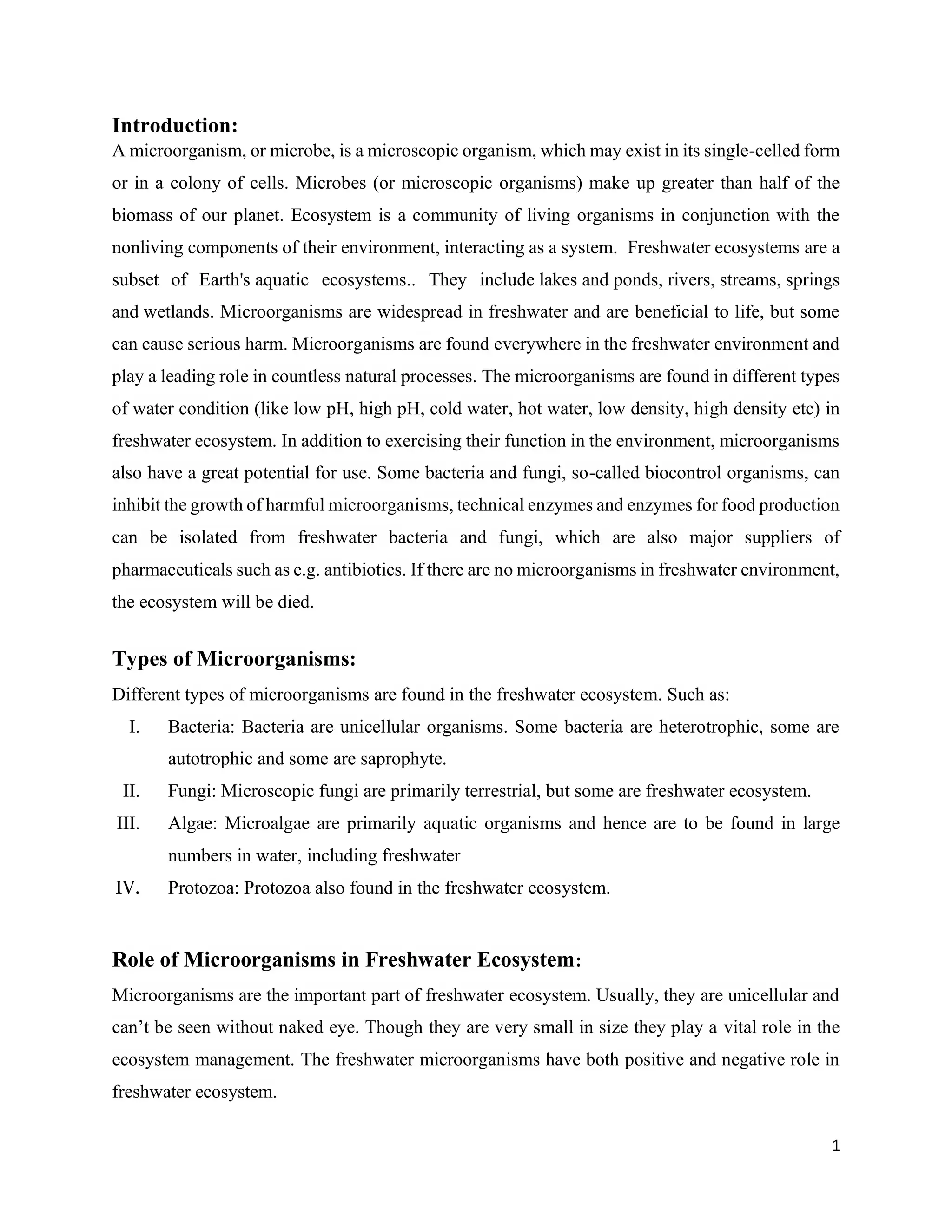 Role of Microorganisms in Freshwater Ecosystem. | PDF