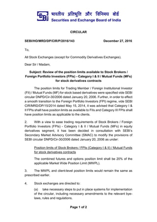 Review of the position limits available to Stock Brokers / Foreign ...