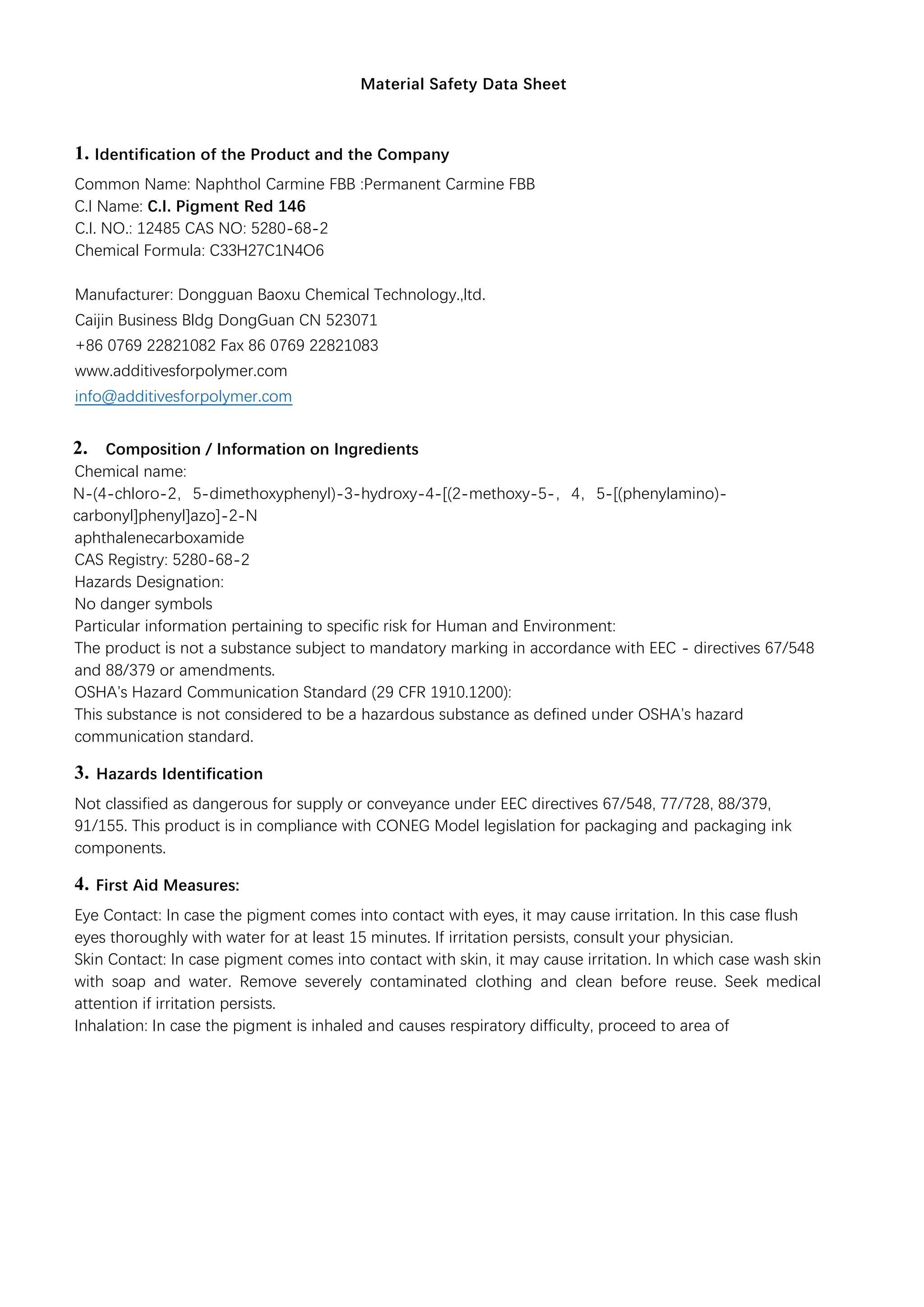 Pigment red 146 red fbb 5280-68-2 material safety data sheet msds sds ...