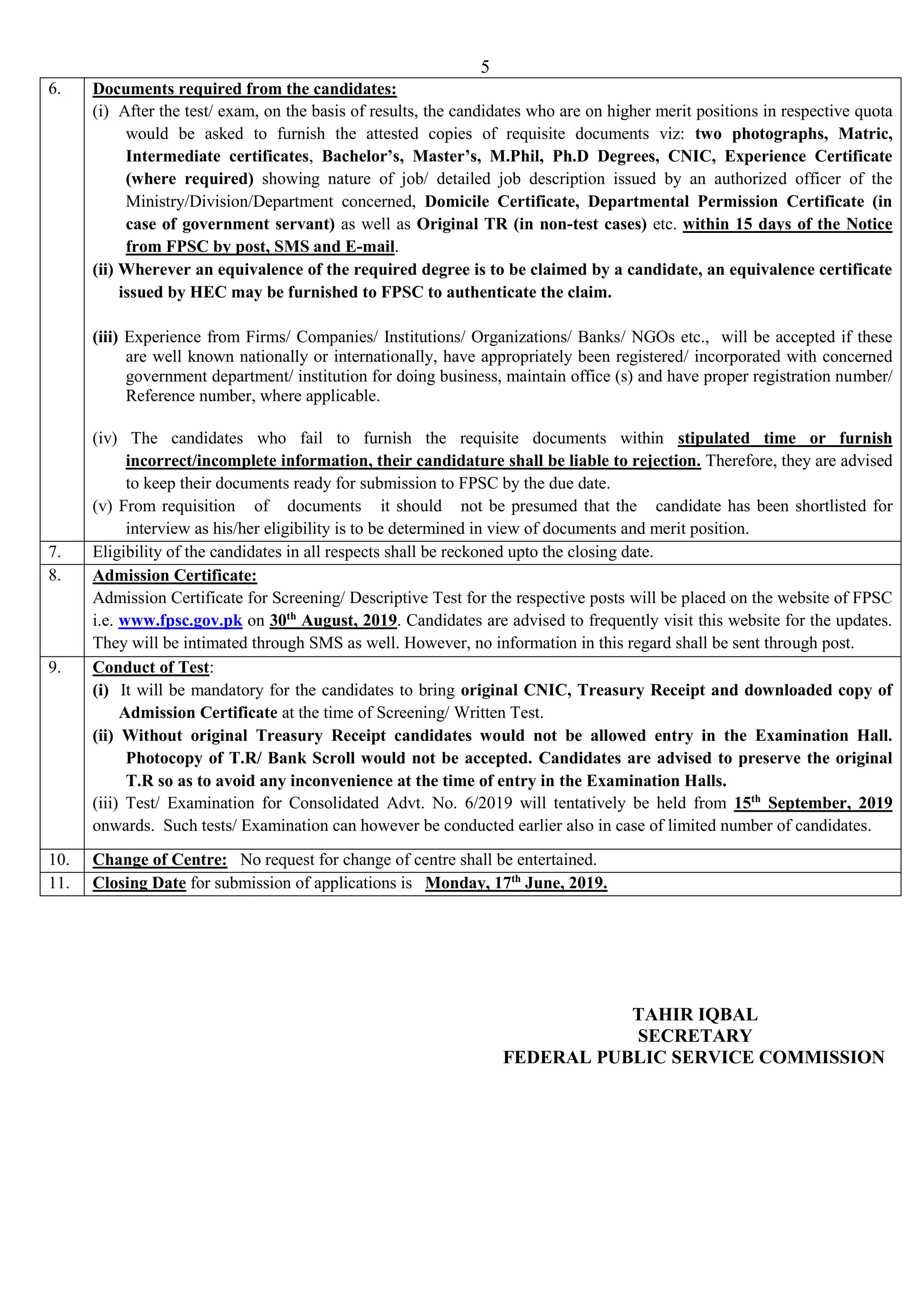 FPSC Jobs Consolidated Advertisement No 6 2019 Apply Online - Filectory | PDF