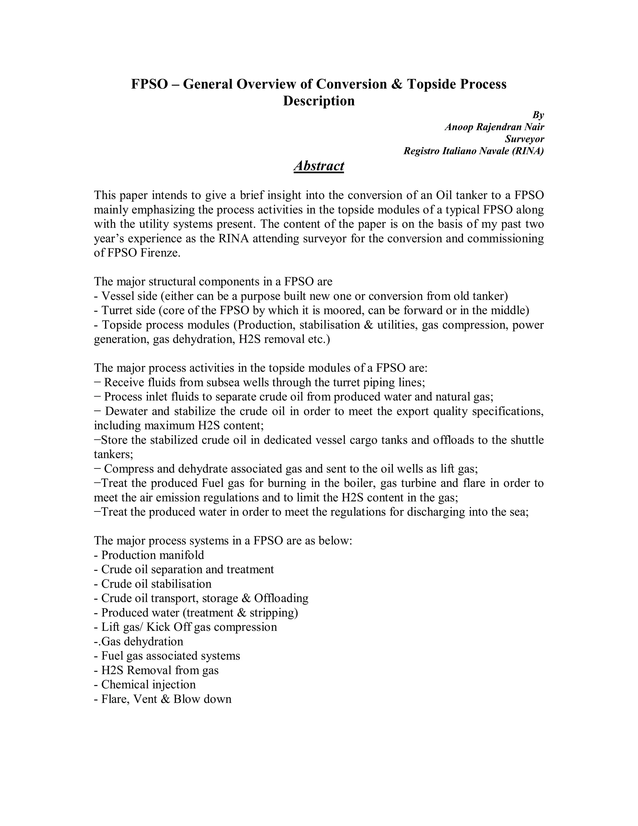 Fpso – general overview of conversion & topside process description ...