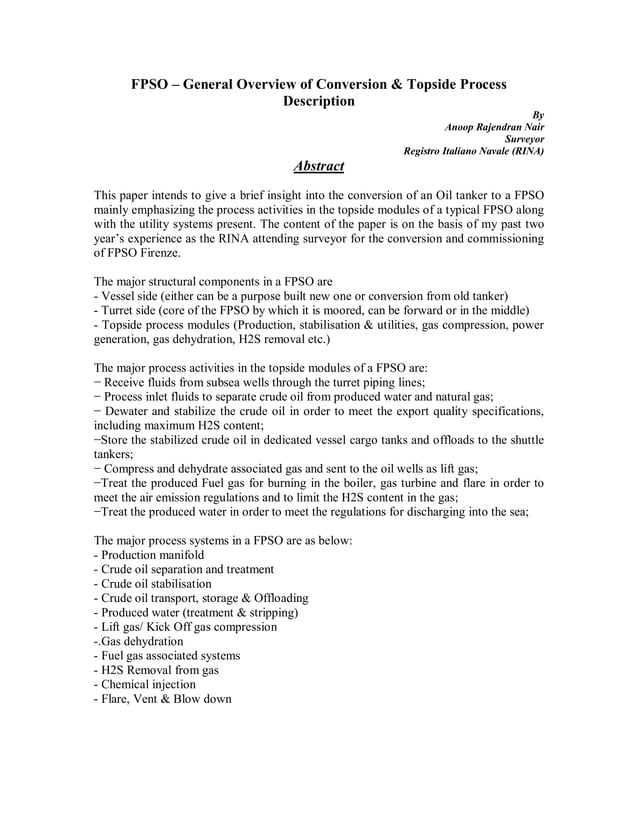 Fpso – general overview of conversion & topside process description ...