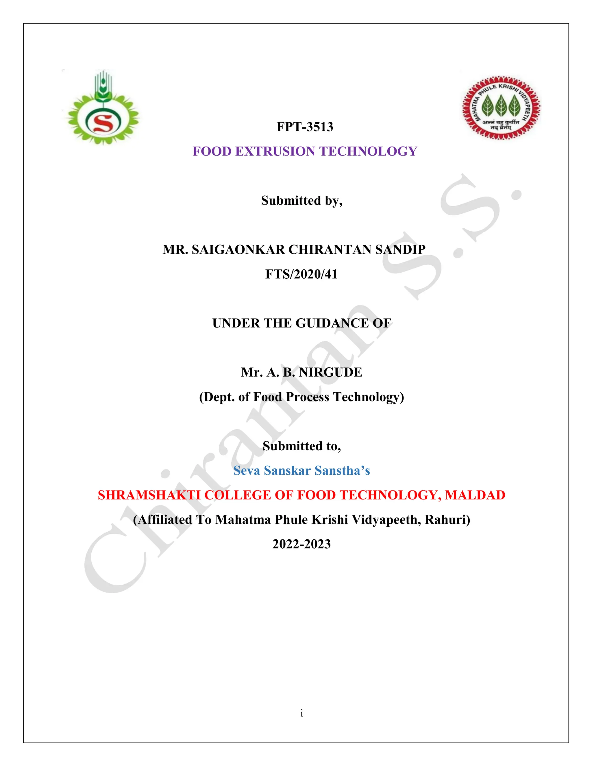 FPT-3513 FOOD EXTRUSION TECHNOLOGY (B.TECH FOOD TECHNOLOGY) | PDF