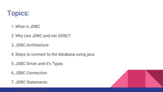Core jdbc basics | PPTX | Databases | Computer Software and Applications