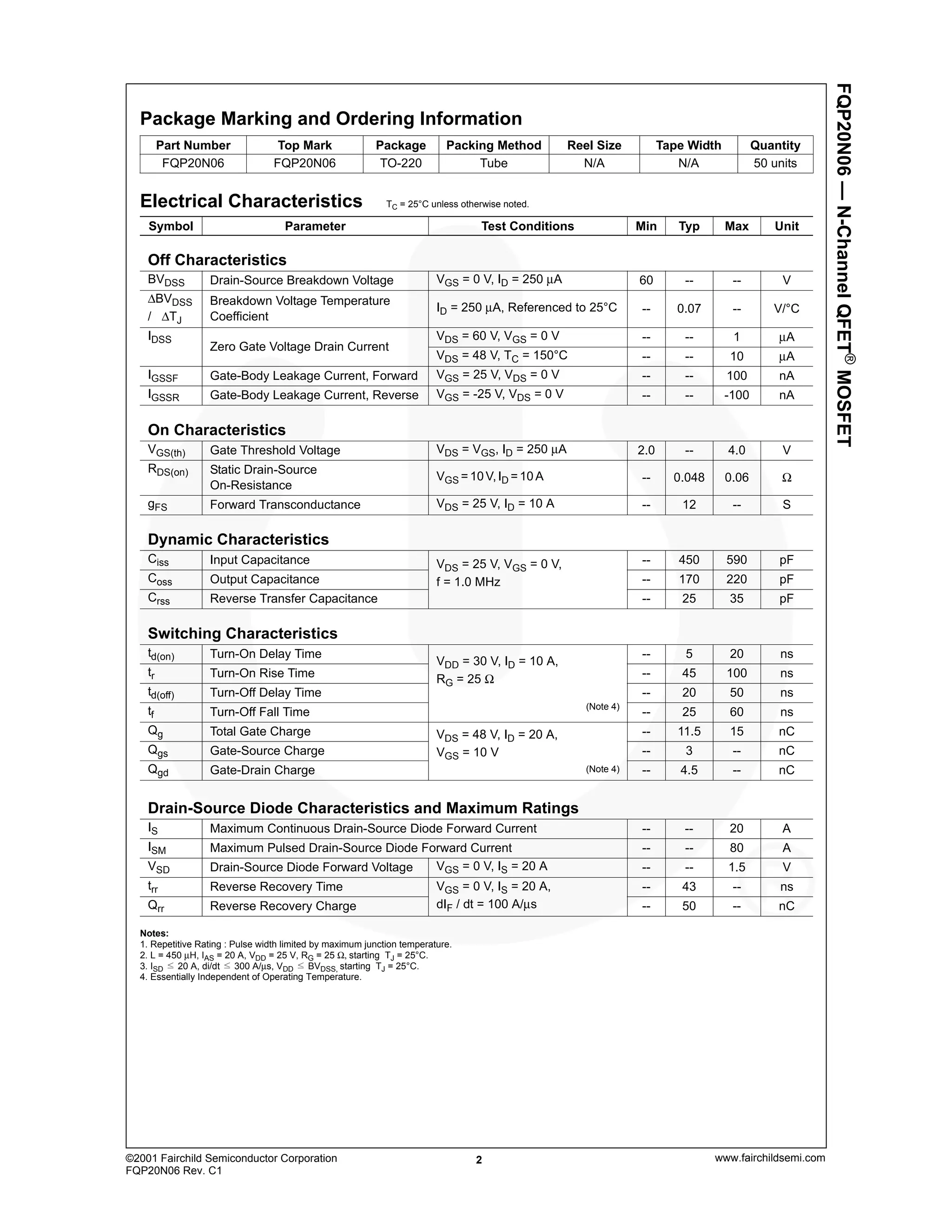 Original N-Channel Mosfet 20N06 FQP20N06 60V 20A TO-220 New Fairchild | PDF