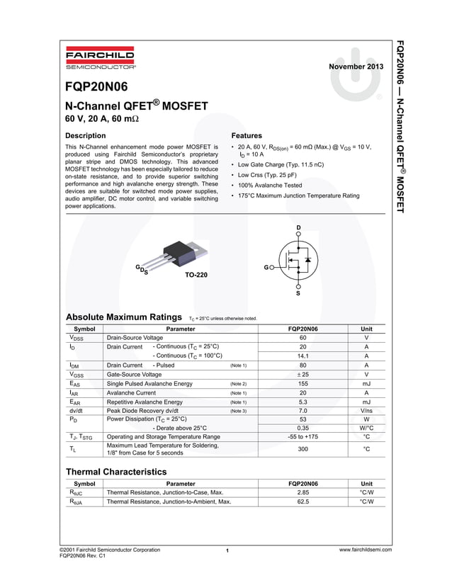 Original N-Channel Mosfet 20N06 FQP20N06 60V 20A TO-220 New Fairchild | PDF | Consumer ...