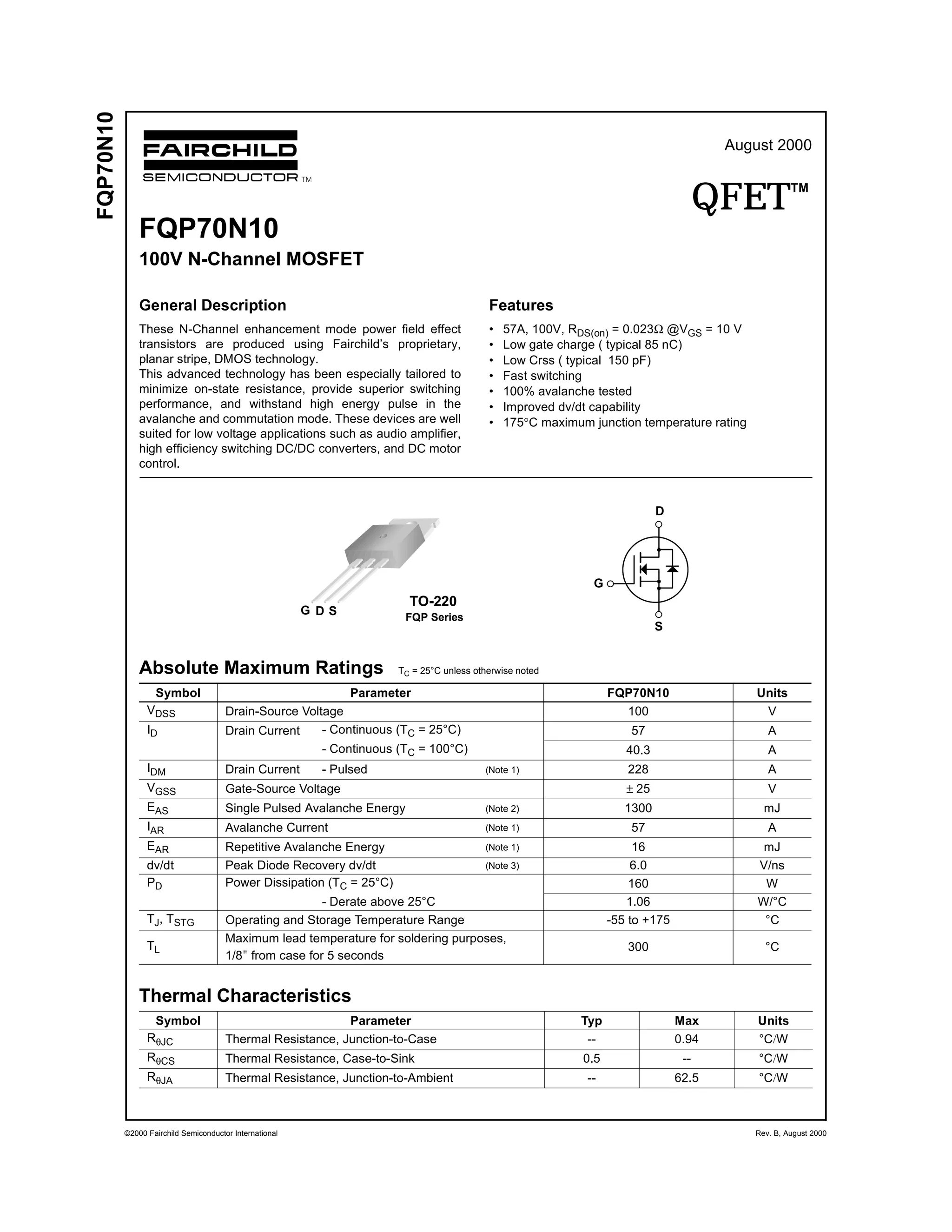 Original MOSFET N-CHANNEL FQP70N10 70N10 TO-220 70A 100V New | PDF