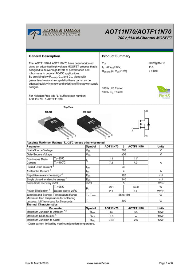 Original MOSFET N-CHANNEL FQPF11N70 11N70 TO-220 11A 700V New Fairchild | PDF | Consumer ...
