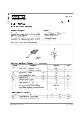 Original N Channel Mosfet FQPF12N60 12N60 12A 600V New Fairchild | PDF