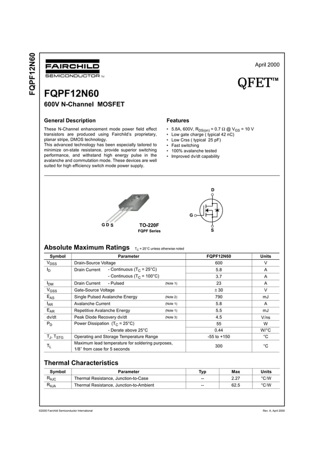 Original N Channel Mosfet FQPF12N60 12N60 12A 600V New Fairchild | PDF