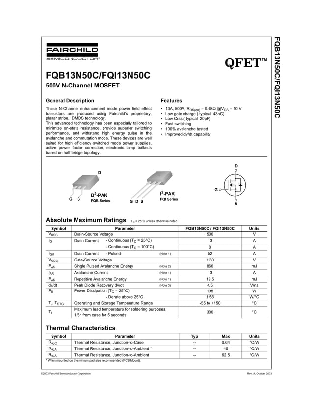 Original MOSFET N-CHANNEL FQPF13N50C FQPF13N50 13N50 TO-220 13A 500V New | PDF