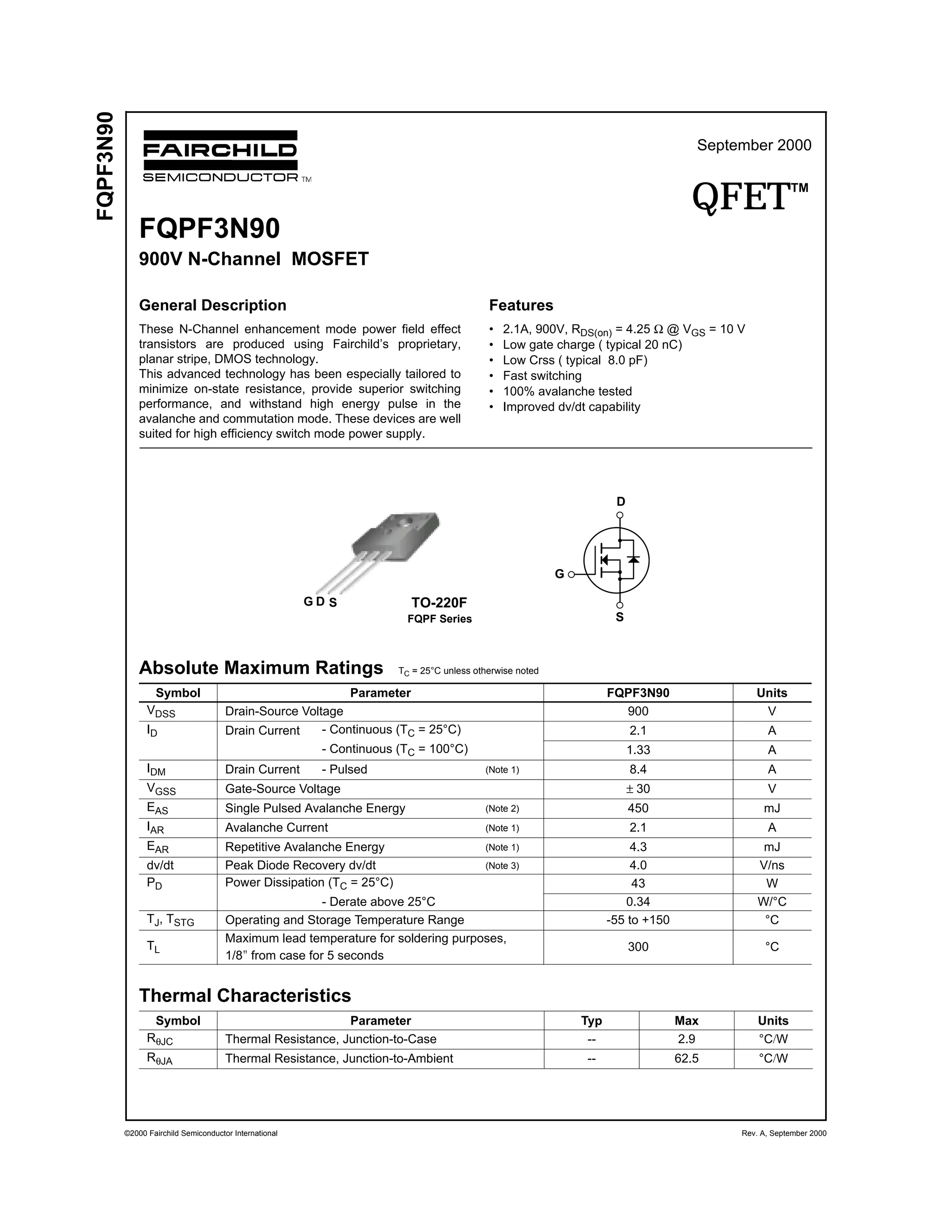Original N-Channel MOSFET FQPF3N90 3N90 900V 3A TO-220 New Fairchild | PDF