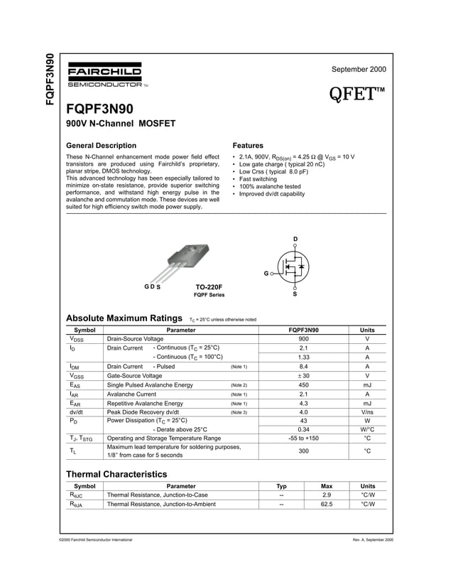 Original N-Channel Mosfet FQP3N80C 3N80C 3A 800V TO-220F New FAIRCHILD ...