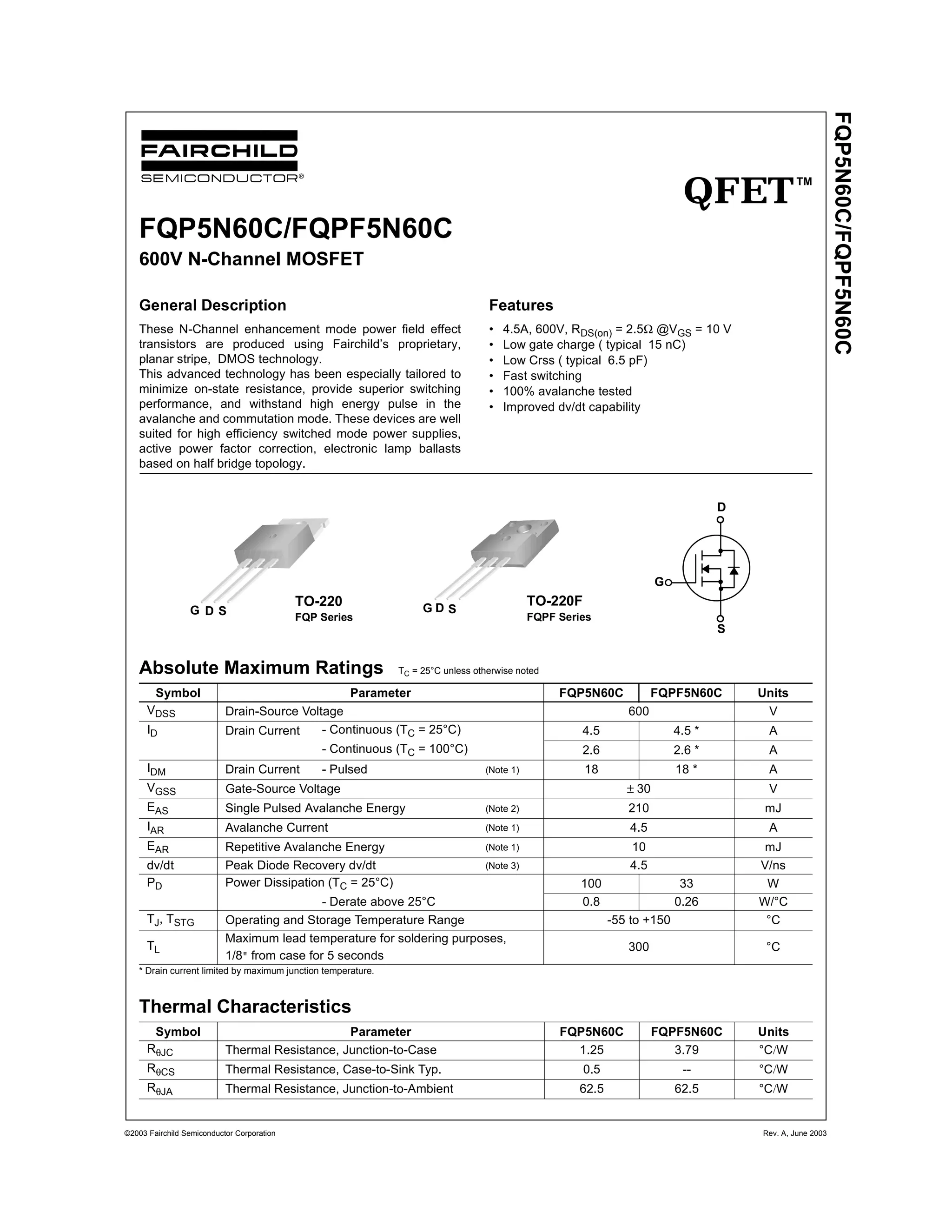Original N-Channel MOSFET FQPF5N60C 5N60C 600V 4.5A TO-220 New ...