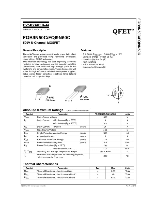 Original MOSFET N-CHANNEL FQPF9N50C 9N50C 9N50 TO-220 9A 500V New | PDF