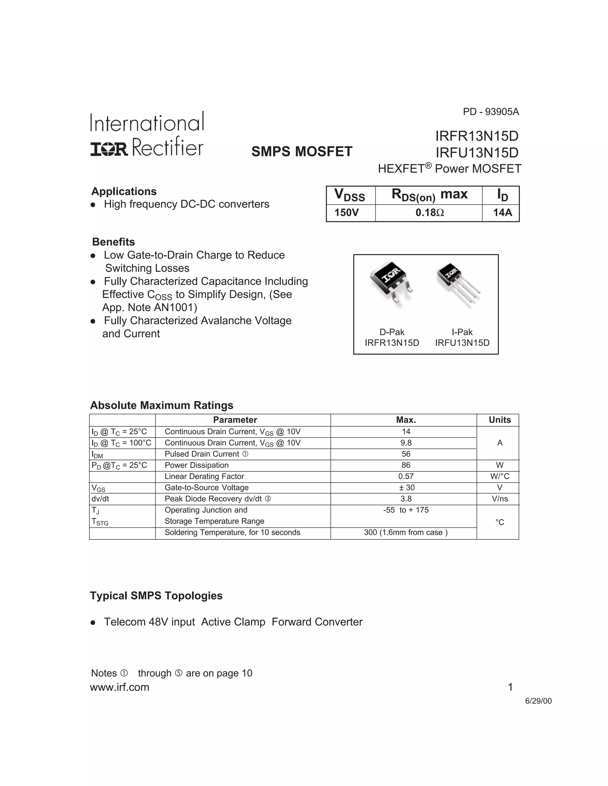 Original Power N-Channel MOSFET FR13N15D FR13N15 13N15 150V 14A TO-252 New International ...