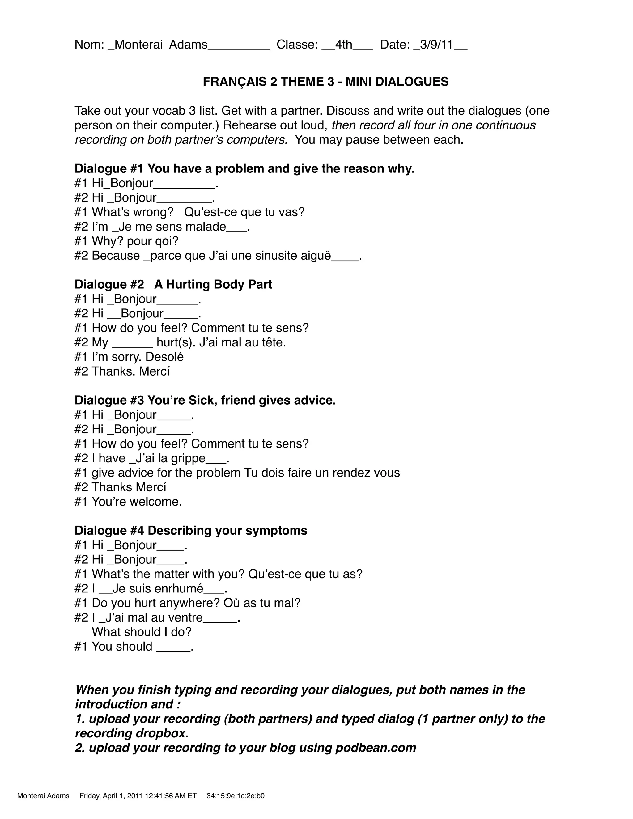 Fr2 top3 mini dialogs pdf | PDF