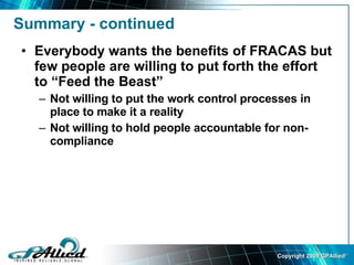 FRACAS, Failure Reporting Analysis, Corrective Action System | PPT
