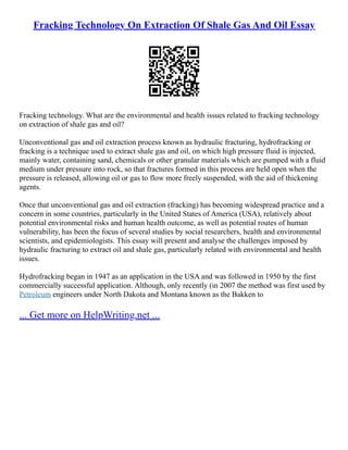 Fracking Technology On Extraction Of Shale Gas And Oil Essay | PDF