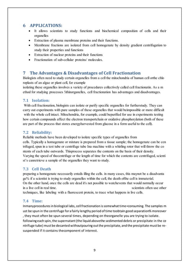 Fractionation of cells | DOCX | Biological Sciences | Science