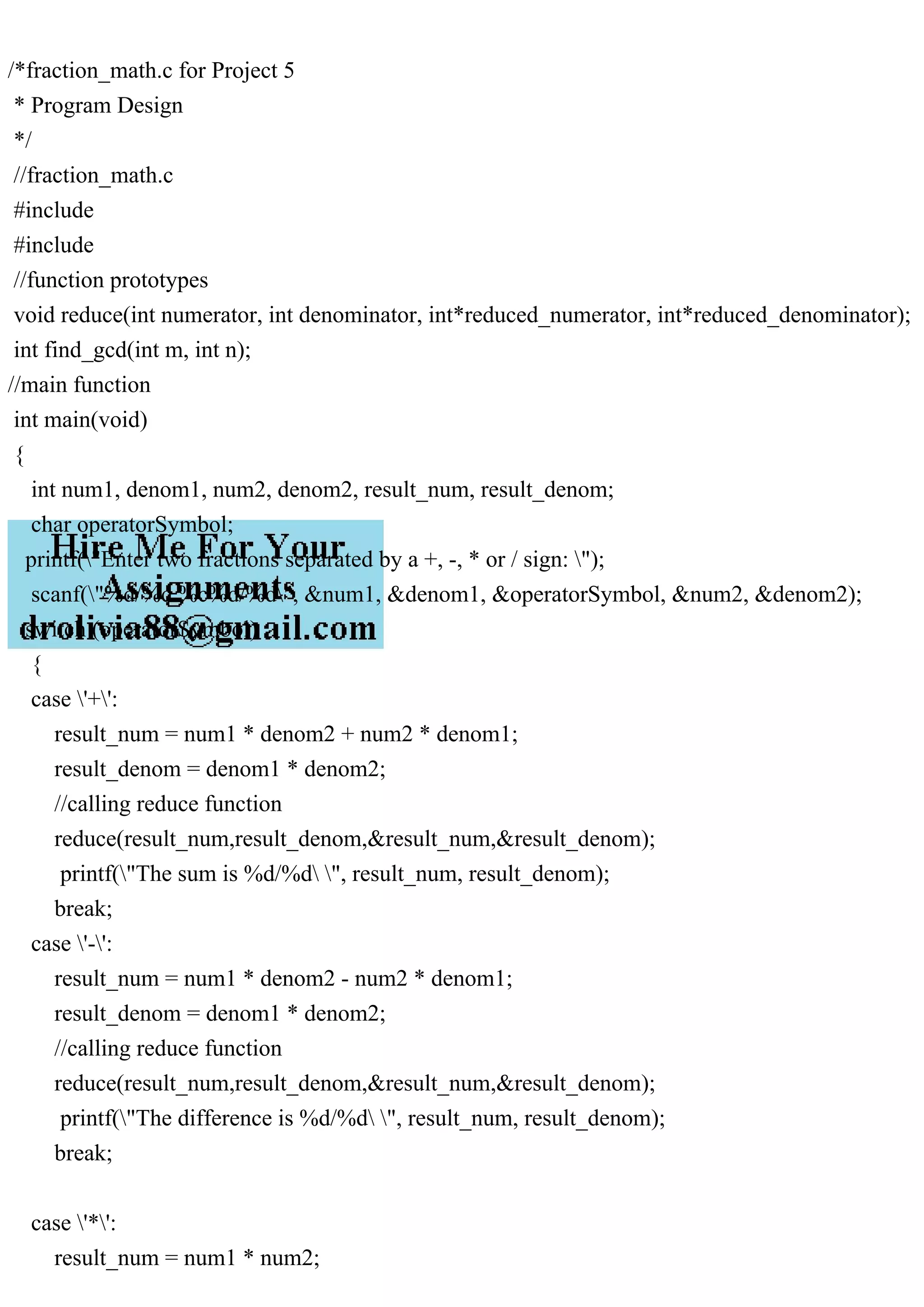 fraction_math.c for Project 5 Program Design fraction.pdf