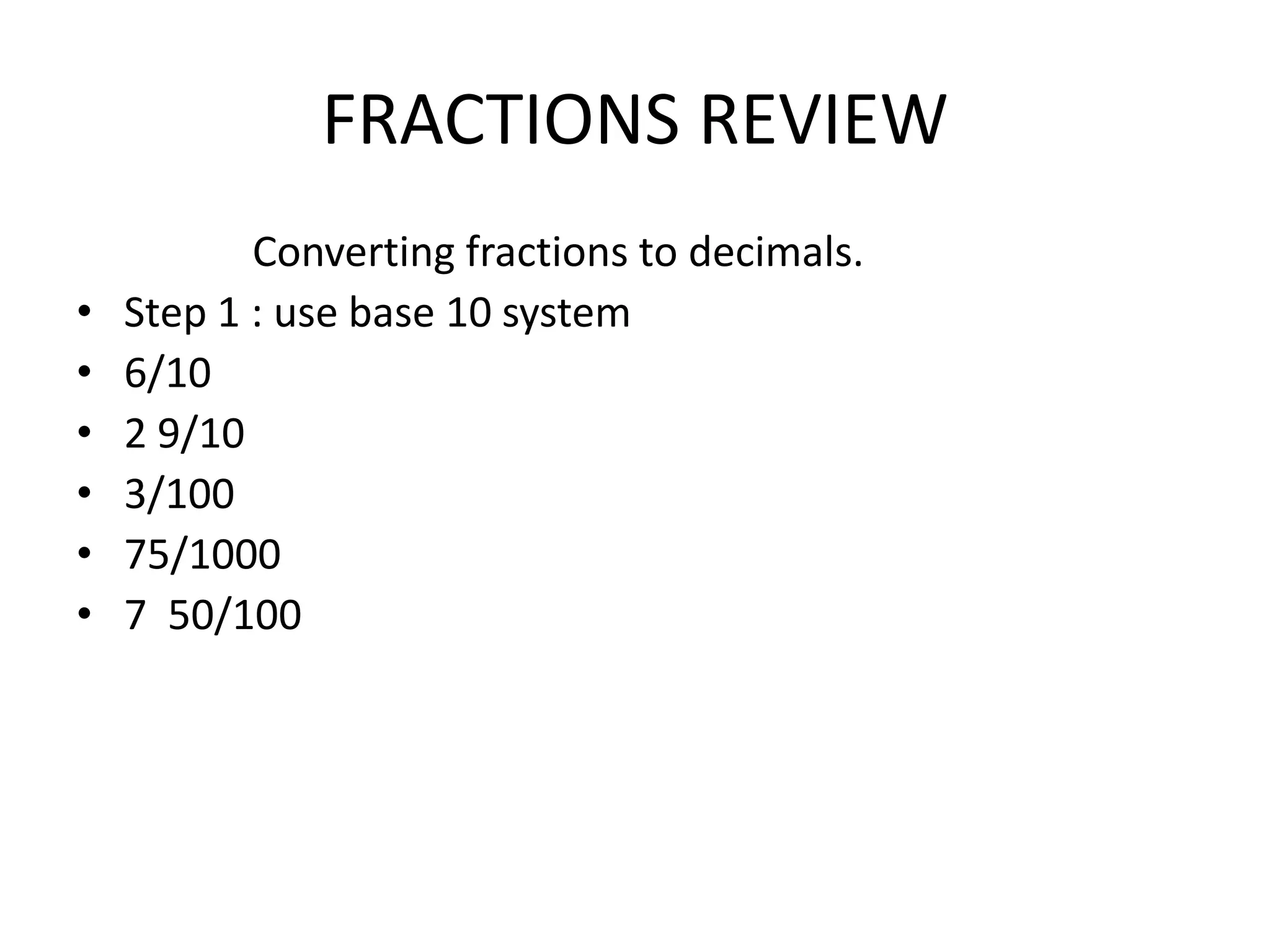 Fractions decimal review and graded | PPTX