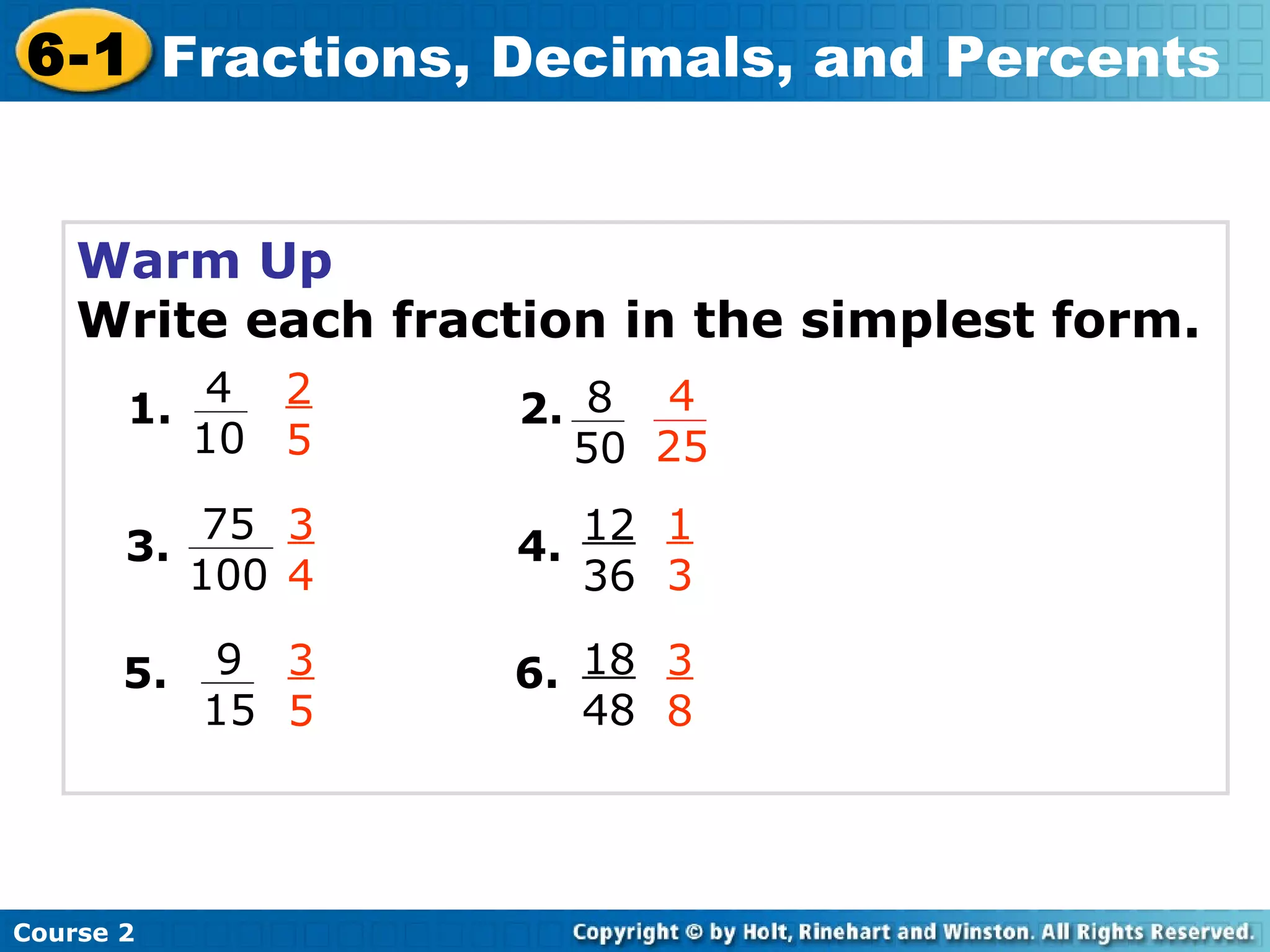 Fractions decimals and percents | PPT
