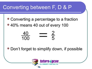Fractions percentages lesson 6c | PPT