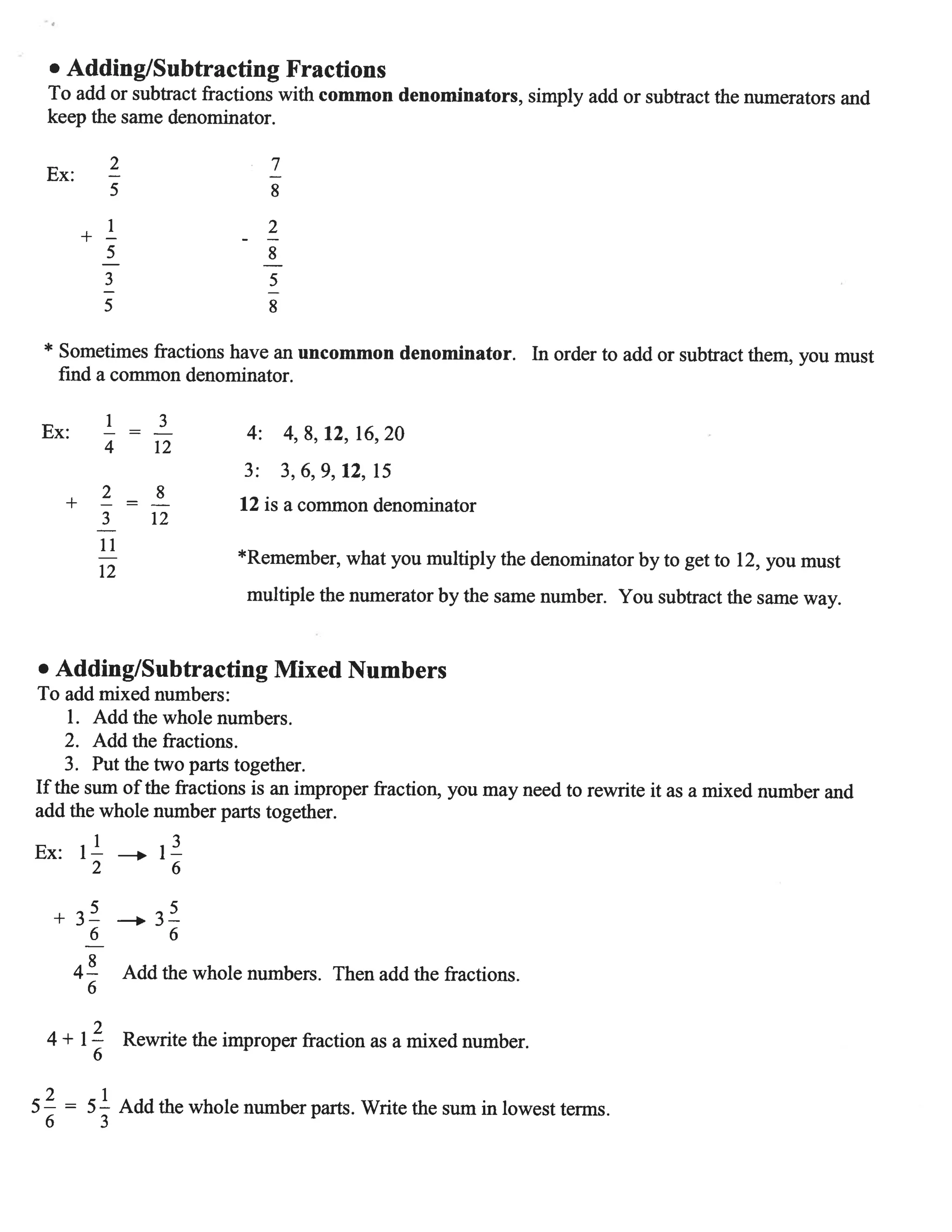 Fraction study guide 2011 adding and subtraction | PDF