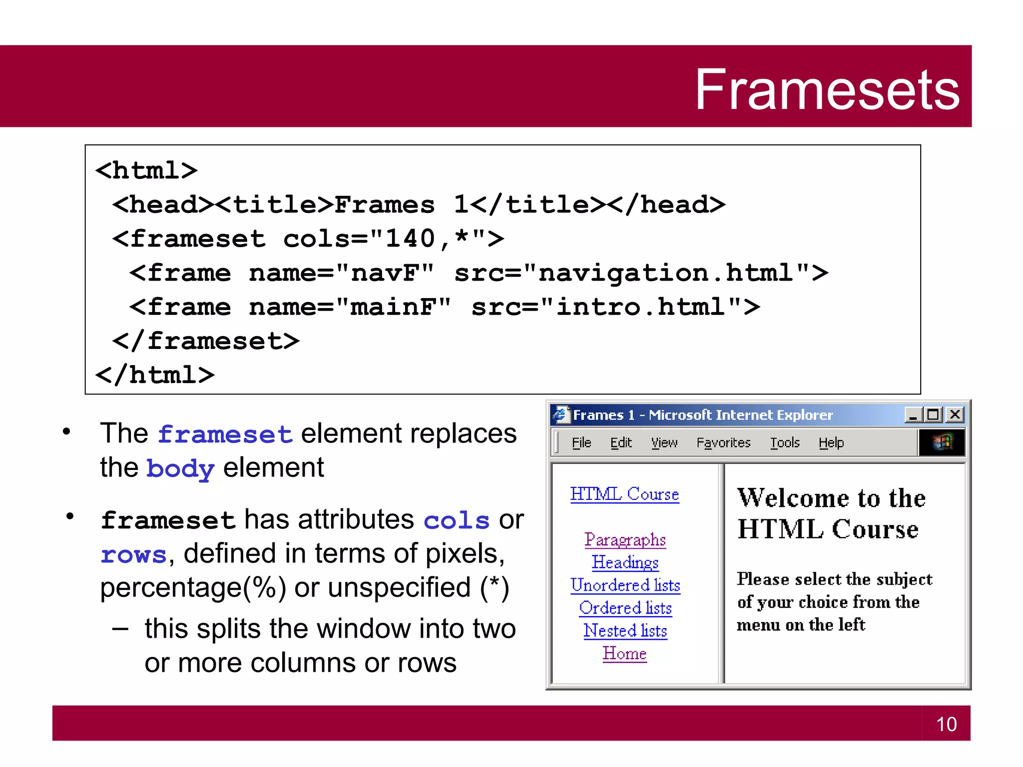 Frames tables forms | PPT | Web Design and HTML | Internet