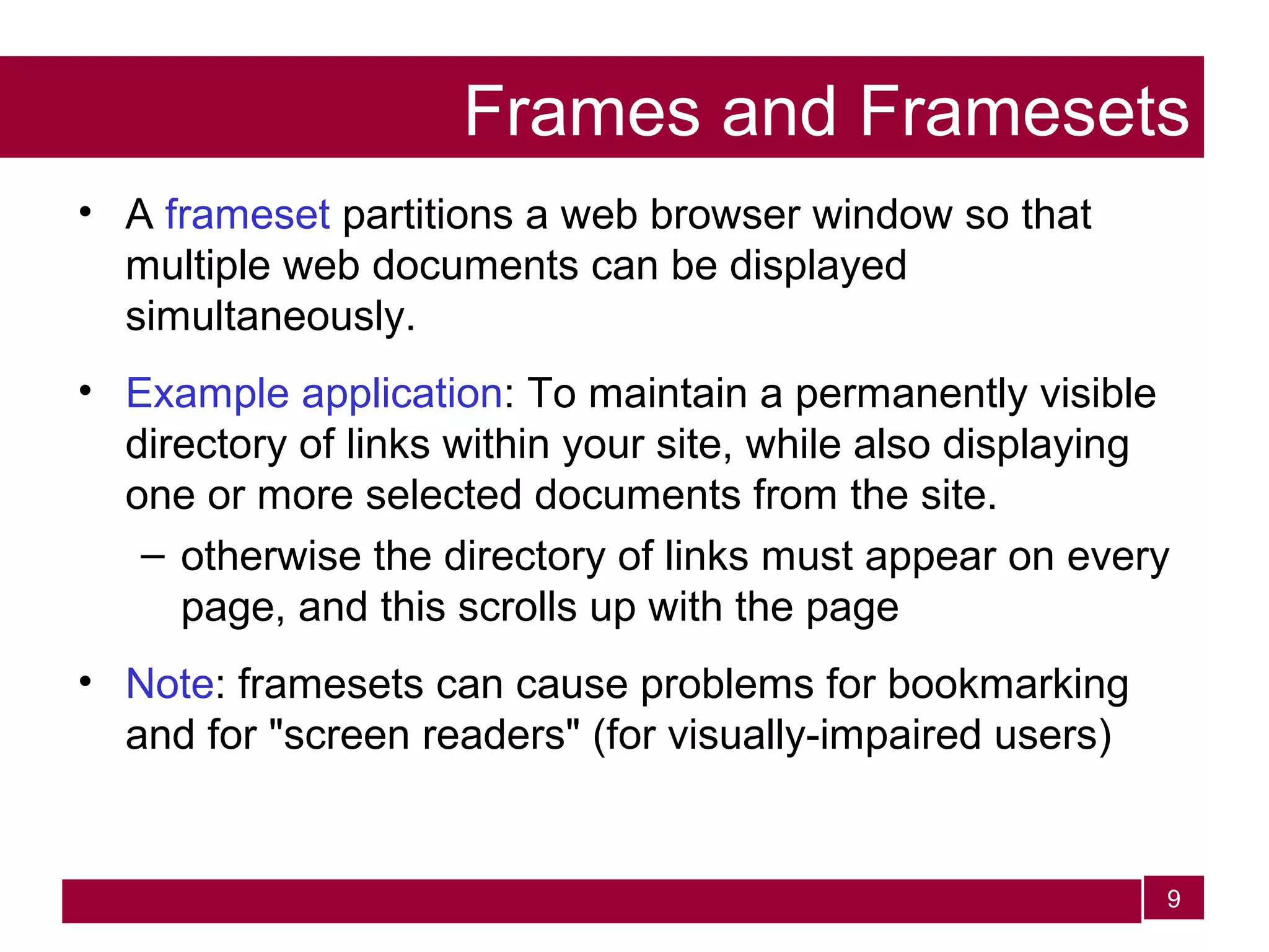 Frames tables forms | PPT | Web Design and HTML | Internet