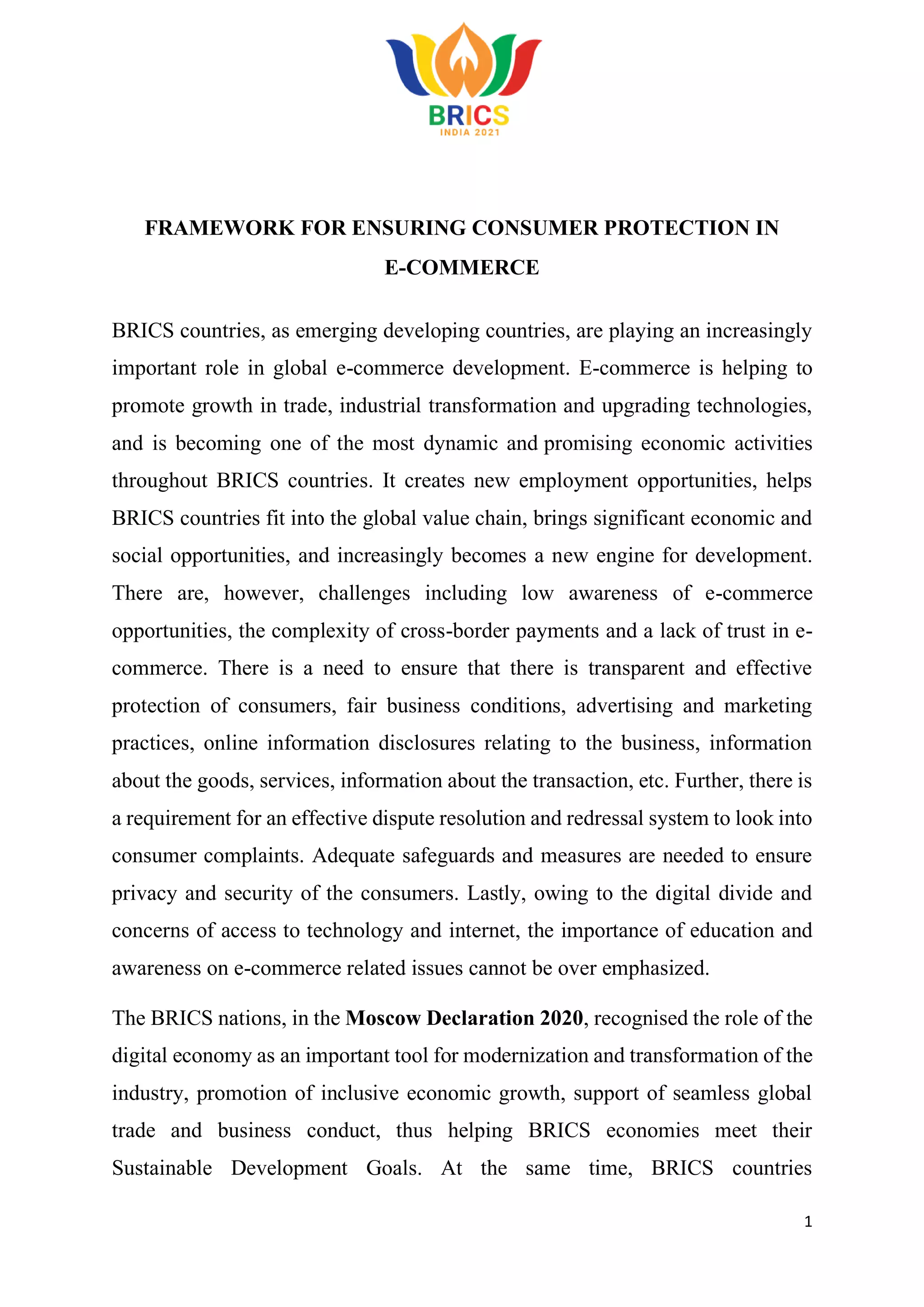 BRICS Framework for ensuring consumer-protection in e-commerce 2021 | PDF