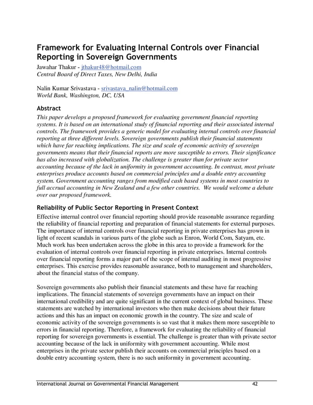 Framework For Evaluating Internal Controls Over Financial Reporting In ...